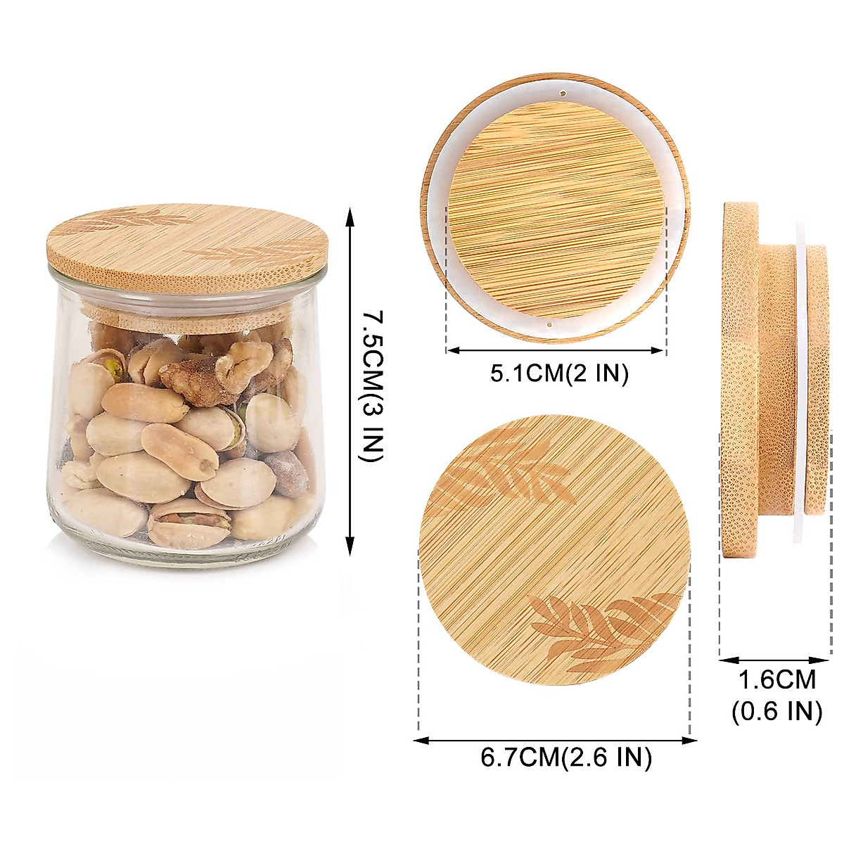 Mason Life Oui Bamboo Jar Lids Set with Silicone Sealing Rings, Leaves Pattern, for 5 Oz Yogurt Jars