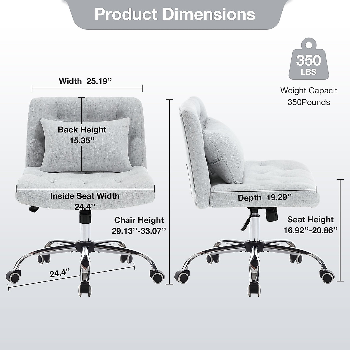 Armless Fabric Office Desk Chair with Wheels, Cross Legged Wide Seat Chair, Modern Home Office Chair with Lumbar Pillow, Comfortable Computer Task Chair for Small Space, Vanity Chair for Women, Girls