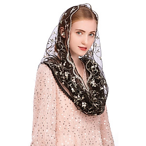 PAMOR Chapel Veils Mantilla Infinity Veil Latin Mass Little Flower Soft Embroidered Lace Head Covering Scarf (Black)