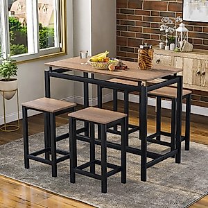 Merax 5-Piece Kitchen Counter Height Table Set, Industrial Dining Table with 4 Chairs, Small Space Table & Chairs, Kitchen Table Set for 4 People (Dark Brown +Black)