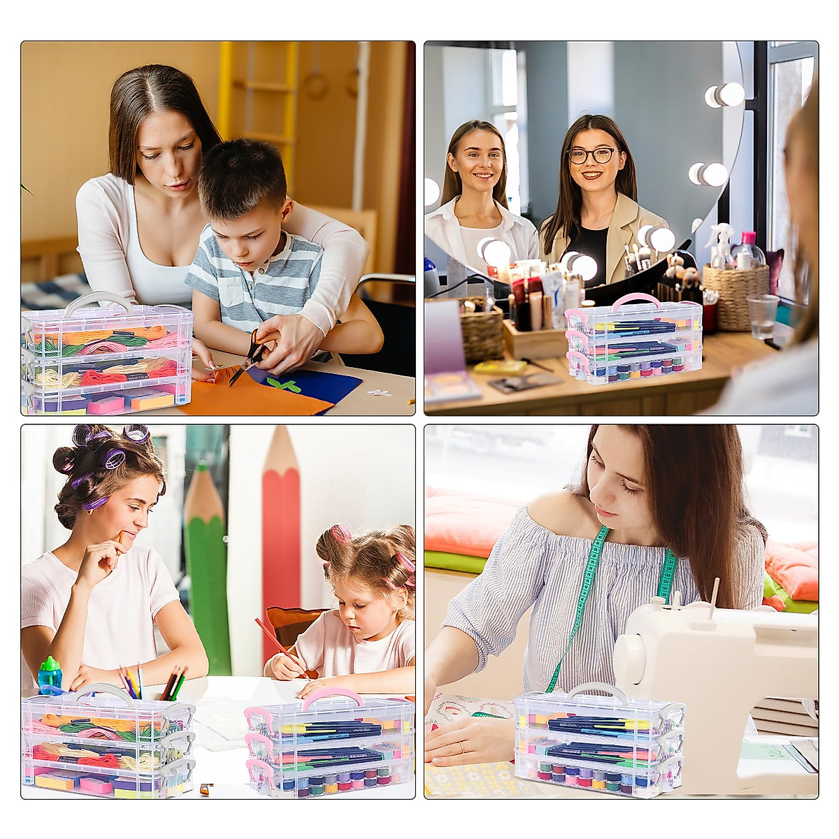 Anstore Storage Bins with Lids, 2 x 3 Tier Stackable Clear Plastic Storage Bins, Storage Container with Handle for Home, Office Supplies and Craft organization and Storage(Pink&Grey)