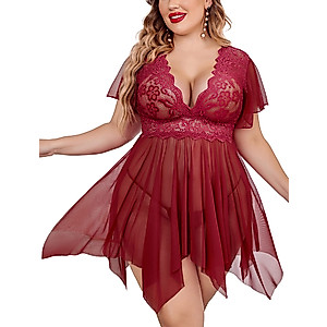 Avidlove Plus Lingerie for Women Lace Babydoll Sexy Chemise V Neck Mesh Sleepwear Dark Red