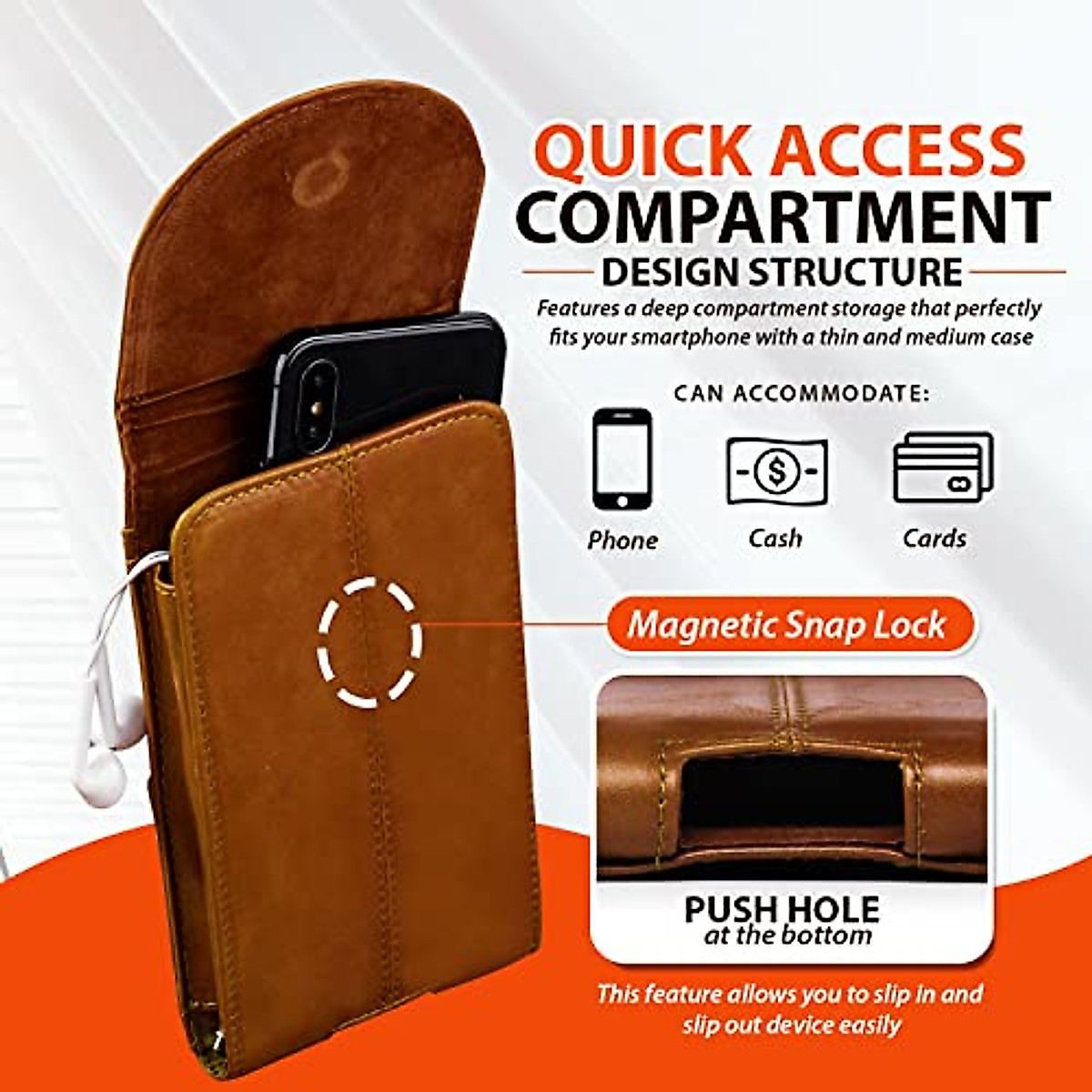 Hengwin Belt Holster for iPhone 14, 13, 12 Genuine Leather Cell Phone Case with Belt Clip Magnetic Closure Belt Loop Phone Pouch for Belt Men (Fits Thin/Medium Case on) (Brown)