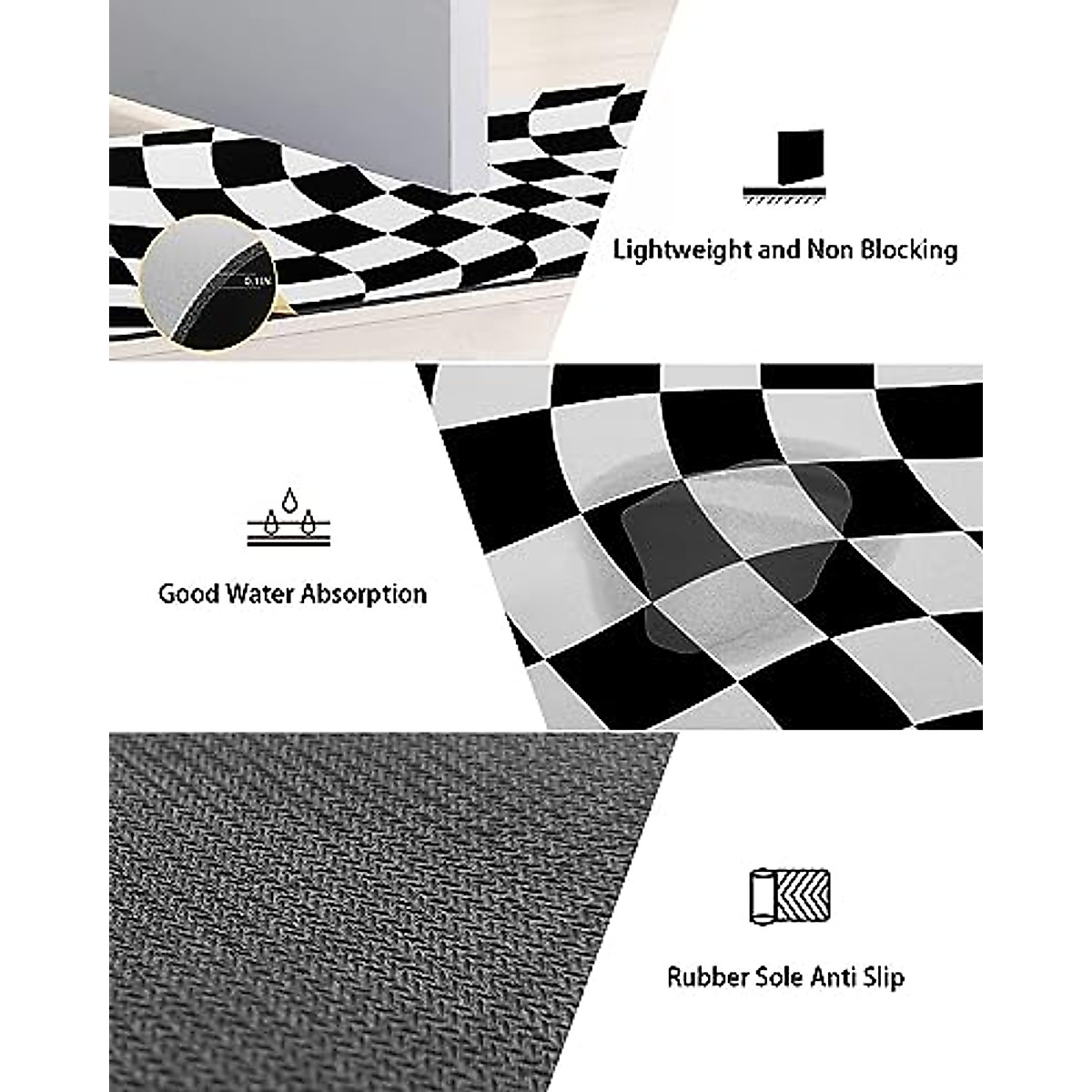 Black White Bath Mat for Tub,Non Slip Bathroom Floor Runner Rug Quick Dry & Absorbent Diatomaceous Earth Kitchen Room Shower Sink Washable Doormat,Geometry Checkered Flag Modern Abstract Dizz 16"x24"