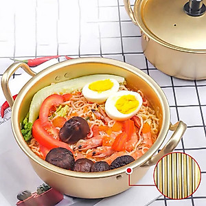 Housoutil Noodle Pot 1 Set Ramen Pot Korean Ramen Cooking Pot with Lid Spoon Chopsticks Traditional Aluminum Instant Ramyun Hot Pot for Home Kitchen Cookware Golden L Korean Cookware