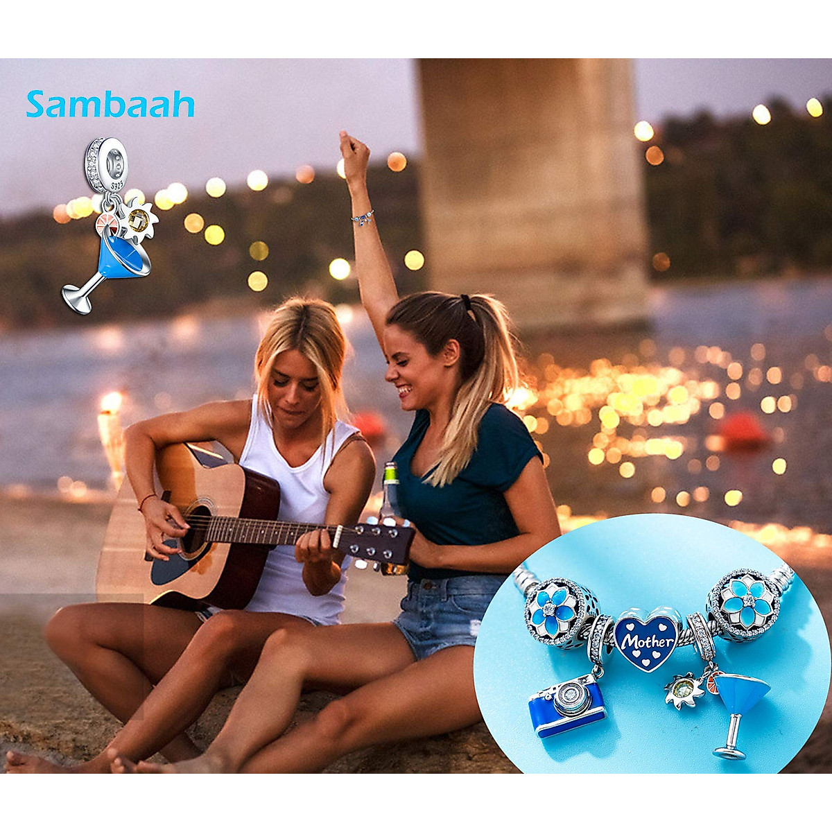 Sterling Silver Cocktail Drink Charm, Martini Glass Charm Summer Beach Theme, Fruit Lemon Dangle Charm with Cubic Zirconia for Women Pandora Style Bracelets