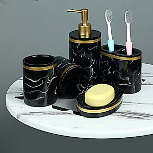 Gold Trim Resin Bathroom Accessories Set, 5 Piece Bathroom Sets Includes Soap Dispenser Pump, Divided Toothbrush Holder Pump, 2 Rinsing Cup, Soap Dish (Black)