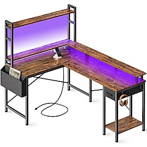 Huuger L Shaped Desk Computer Desk with LED Lights & Power Outlets, Gaming Desk with Storage Shelves, Corner Desk Home Office Desks for Bedroom, Rustic Brown