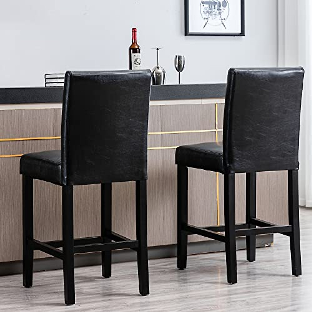 GOTMINSI Set of 2 Classic 24 Inches Counter Height Stools Upholstered Bar Stools with Solid Wood Legs and Black Leather Counter Stool(PU Black)