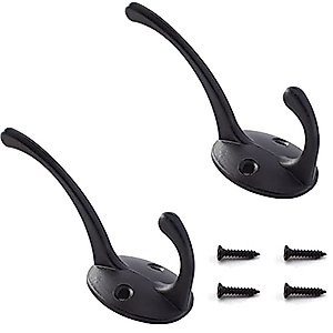 Aifeier ET 2 Pack Black Retro Double Hook Wall Mounted with 4 Screws for Coat, Bag, Cap, Hat, Towels, Keys, Scarf, etc.