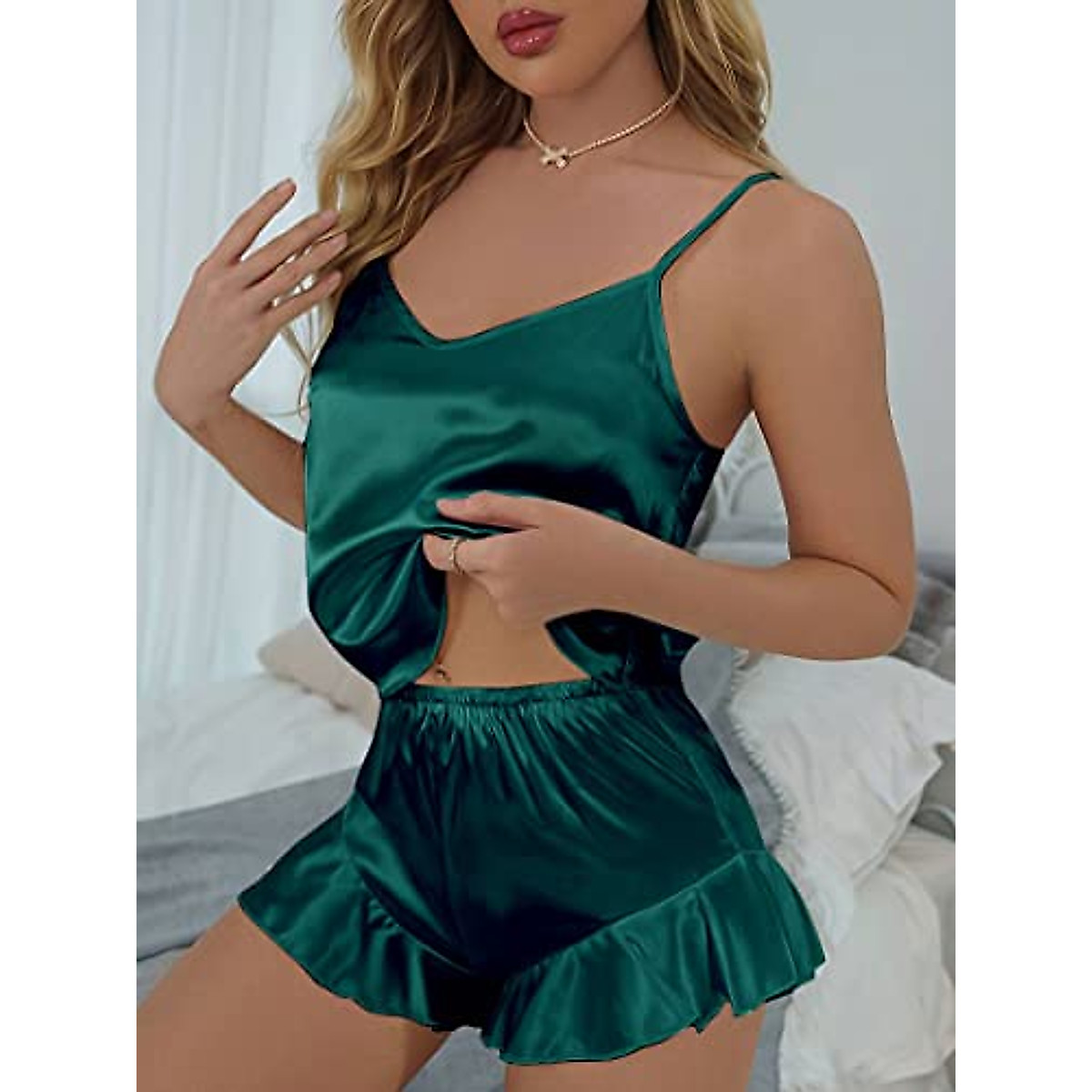 Womens Pajama Sets Sexy Lingerie Satin Sleepwear Cami Shorts Set V Neck Pj Silk Nightwear Dark Green XL