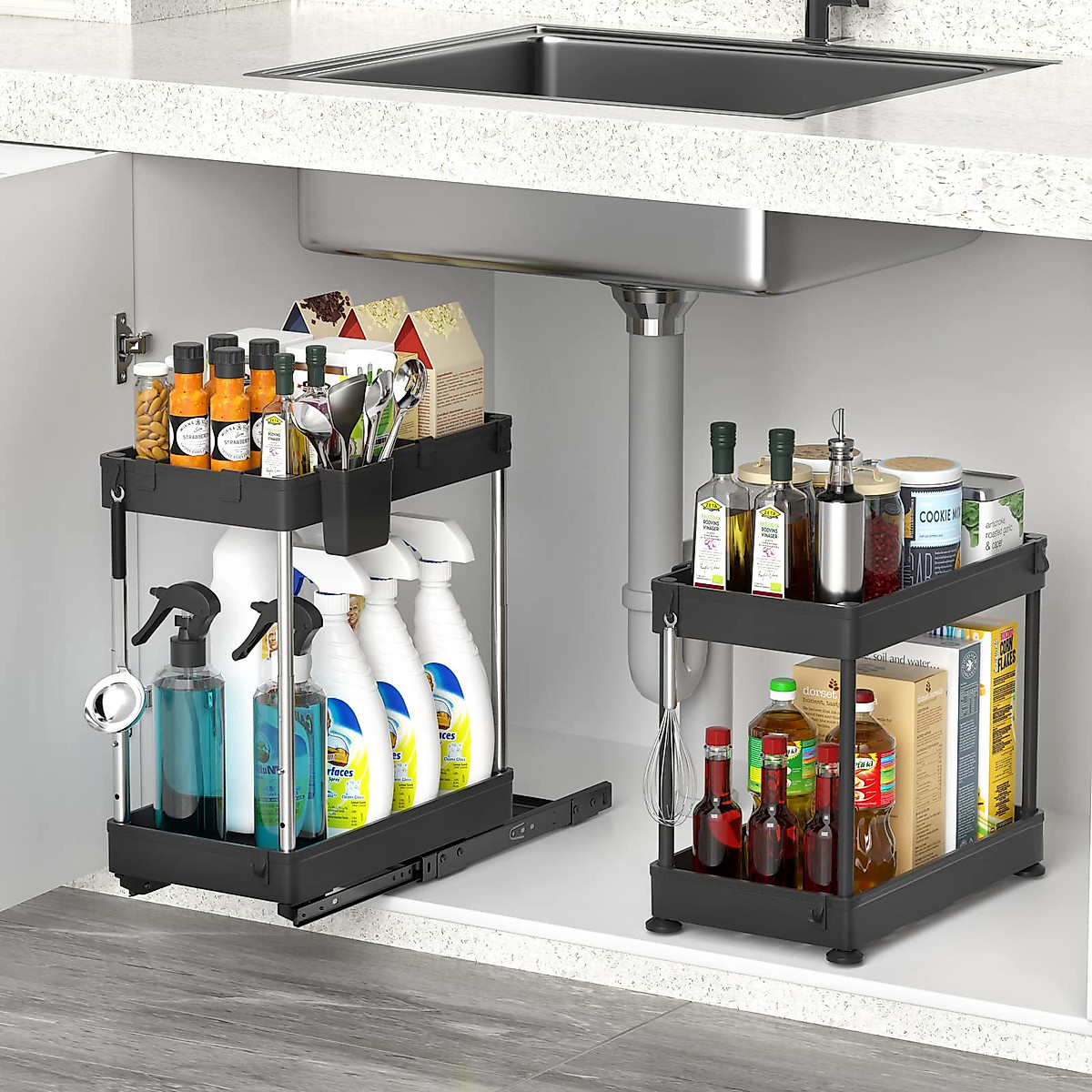 AOSITE 2 Pack Under Sink Storage and Organizers, Sliding Under Cabinet Organizer with Dividers Pull Out Kitchen Cabinet Basket Organizer Adjustable Bathroom Sink Storage Organizer with Hooks