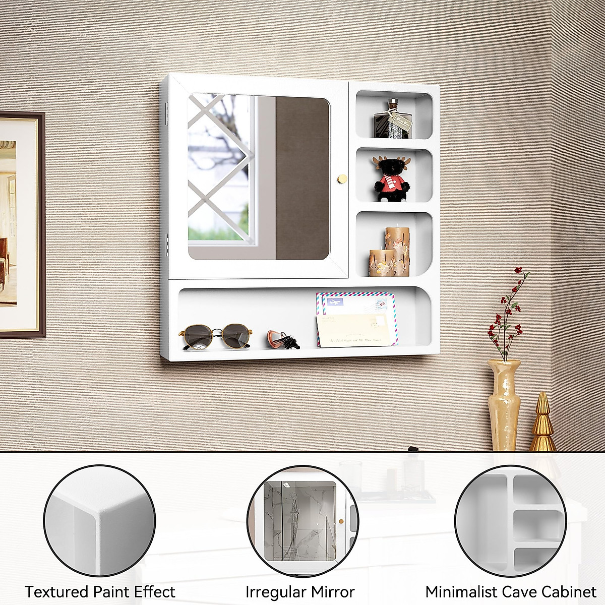 ARTPOWER 24" Bathroom Medicine Cabinet with Mirror, Wall Bathroom Storage Cabinet with Mirror Door and 4 Open Shelves, Geometric Mirrored Bathroom Wall Cabinet