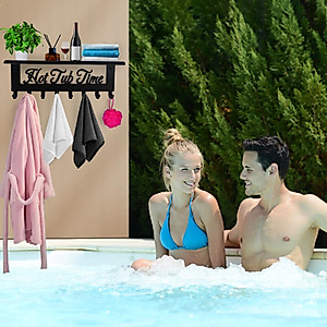 Hot Tub Towel Rack 8 Hooks with Shelf, Bathroom Towel Holder Organizer, Outdoor Wall Mount Hot Tub Accessories Decor to Hold Towels Robes and Coats in Bath, Hot Spring, Swim Pool, Hotel