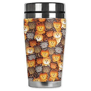 Mugzie Cat Faces Travel Mug with Insulated Wetsuit Cover, 16 oz, Black