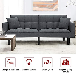 HOMHUM Modern Linen Convertible Futon Sofa Bed Folding Couch Recliner Adjustable Back with Arm Set for Living Room, Grey