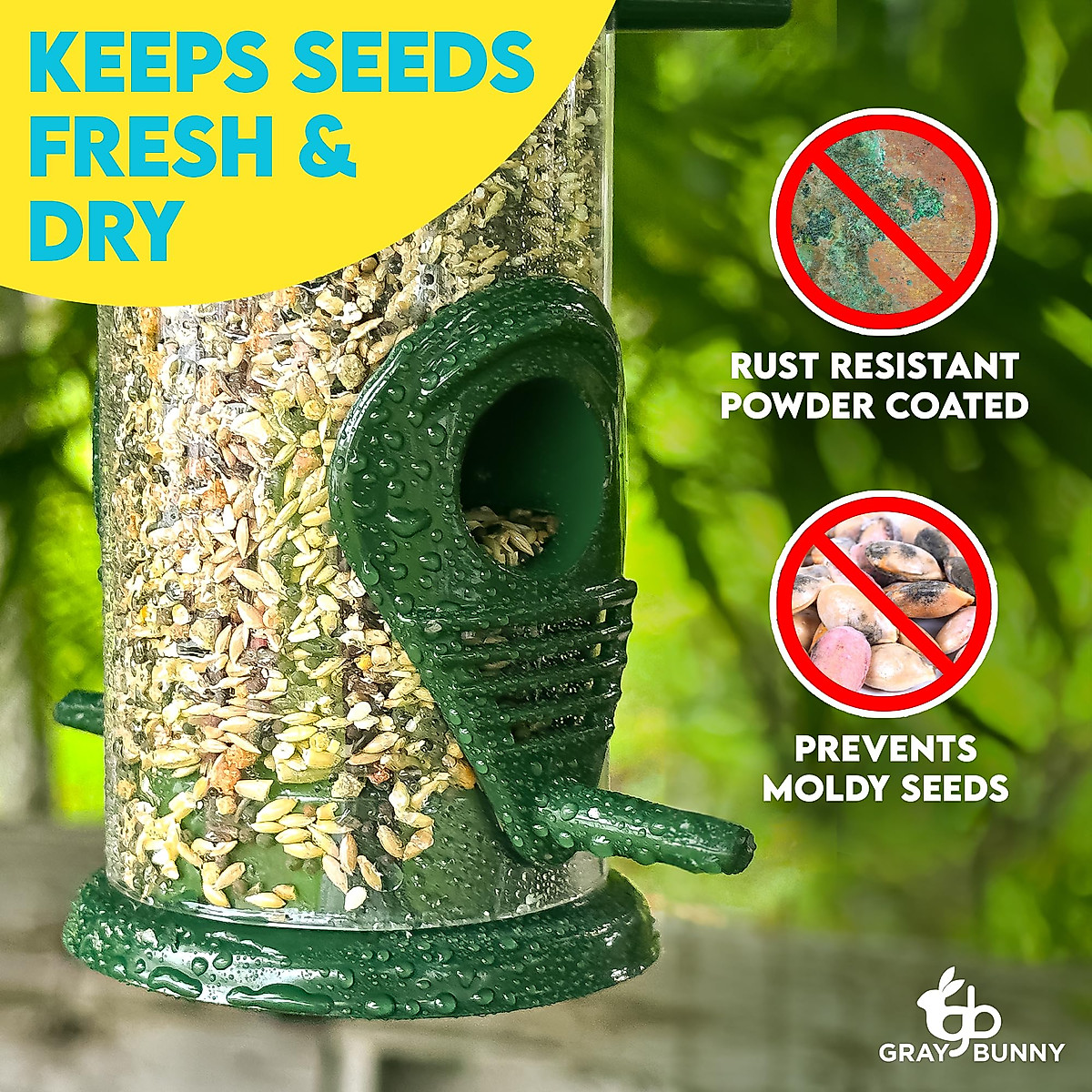 Gray Bunny Metal Bird Feeder, 4-Port Wild Bird Feeders for Outdoors Hanging, Heavy Duty Chew-Proof and Rust-Proof Tube Feeder, 15 Inches