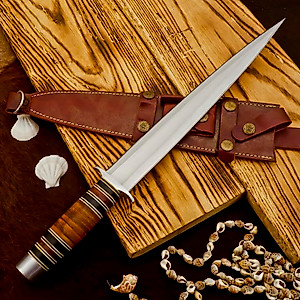 Custom Handmade Damascus Steel 17 Inches Outdoor Survival Fixed Blade Knife, Double Edged Serrated Dagger Leather Wood Handle, Leather Sheath Included