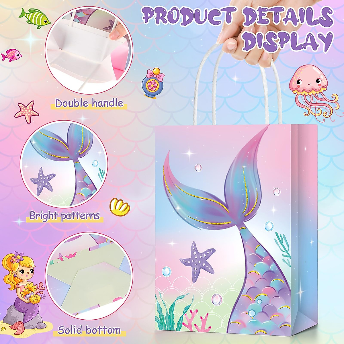 Liliful 16 Pcs Mermaid Birthday Gift Bags with Tissue Paper Mermaids Theme Party Favor Bags Goodie Candy Treat Bags for Birthday Mermaids Themed Decorations