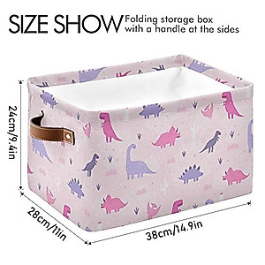 xigua Pink Cartoon Dinosaur Large Storage Basket, Foldable Storage Basket, Waterproof Coating Storage Box with Handle Toy Storage Bag, for Home School & Office, 1PCS