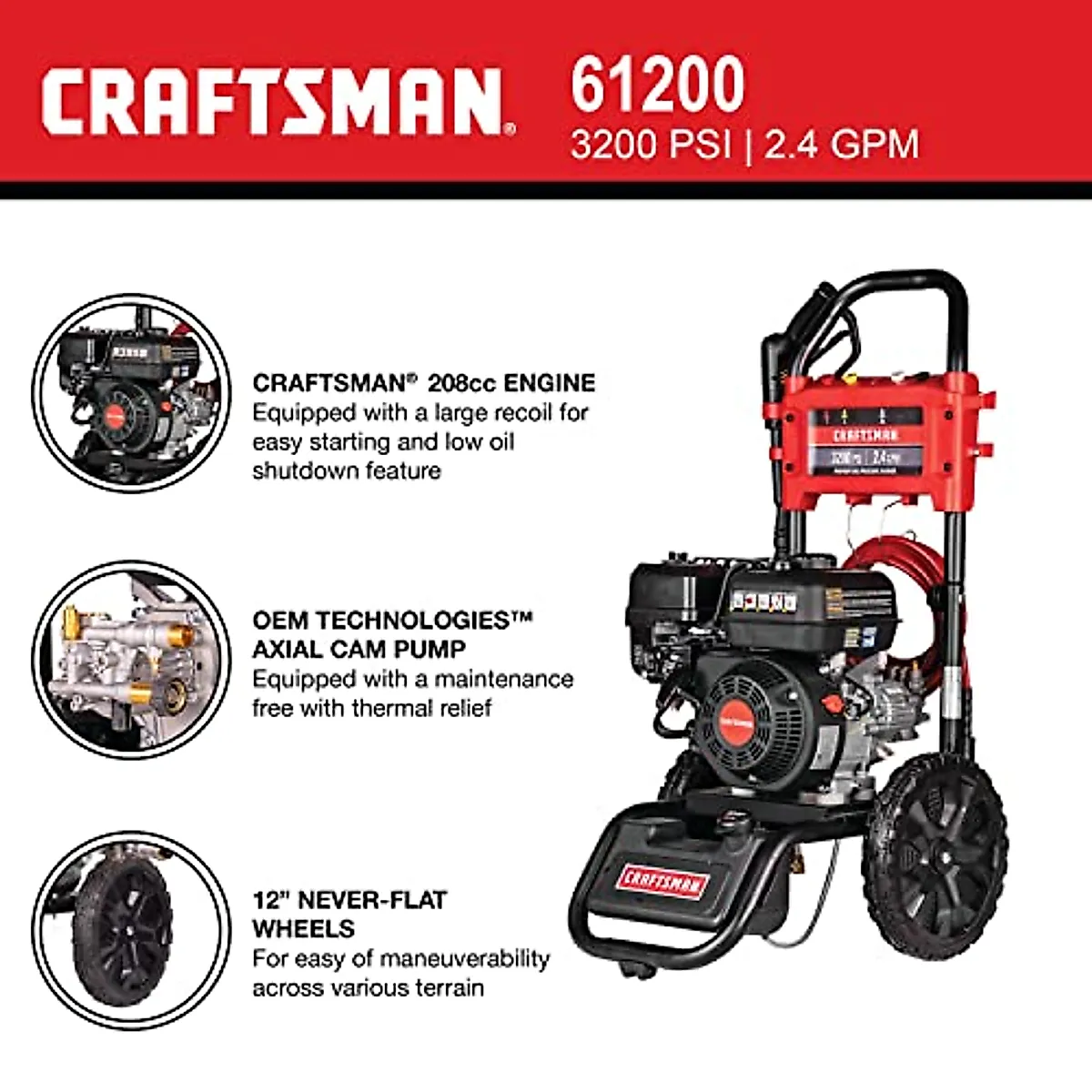 Craftsman CMXGWFN061200 3200 PSI Gas Pressure Washer, 2.4 GPM, Craftsman Engine, Includes Spray Gun and Wand, 4 QC Nozzle Tips, 1/4-in. x 25-ft. Hose, Red
