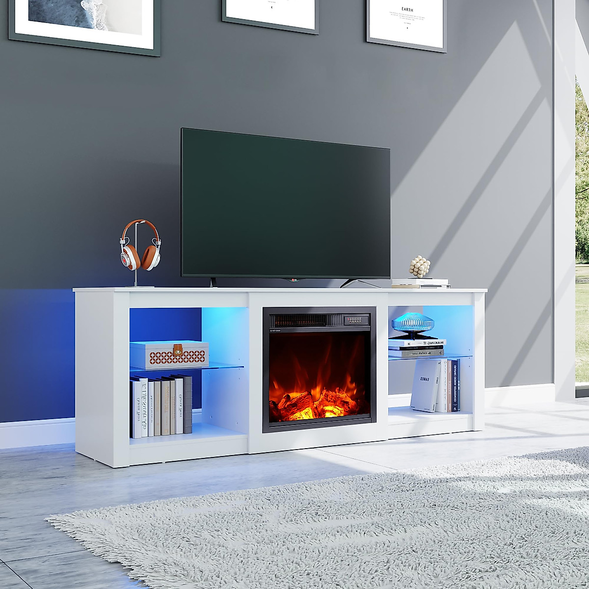 WLIVE Fireplace TV Stand for TVs up to 65 inch, Electric Fireplace TV Console with LED Lights, Modern TV Stand for Living Room, Entertainment Console with Glass Shelves, White