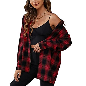 HangNiFang Flannel Red Black Plaid Shirts for Women Oversized Button Down Shirts Blouse(0768-RedBlack-M)