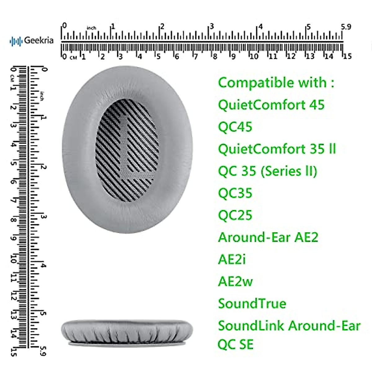 Geekria QuickFit Replacement Ear Pads for Bose QC45, QC35, QC35 ii, QC35 ii Gaming, QC15 QC25, AE2, AE2i, AE2w, SoundTrue, SoundLink AE, QCSE, Headset Earpads, Ear Cups Ear Cover (Silver Grey)