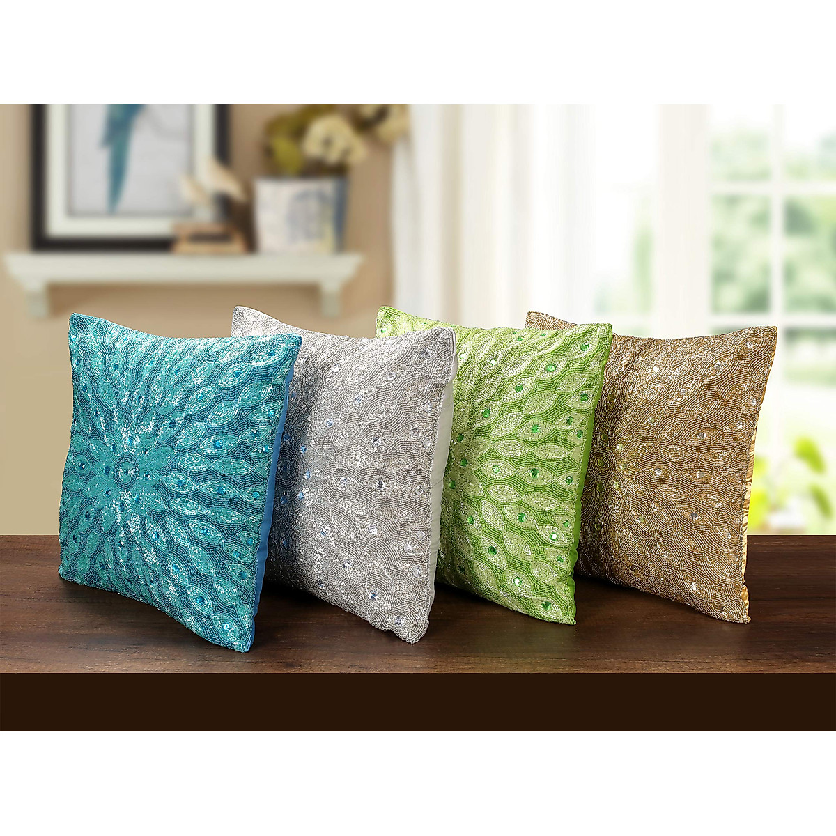 Hand Beaded Decorative Pillow Cover -16x16 Inch - Silver, Handwoven Pillow, Handmade by Skilled Artisans, A Beautiful and Elegant Accessory to Dress up Your Couch, Sofa and Bed - Only Cover - 2 Pack