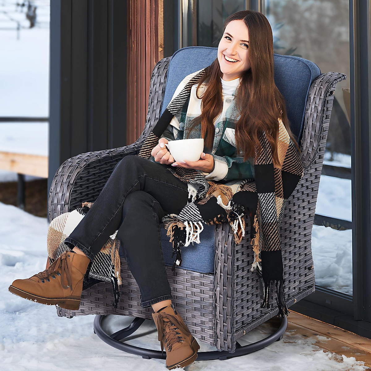 ovios 3 Pieces Patio Rocking Chairs with Side Table, Outdoor Wicker Swivel Chairs of 2, High Back Glider Chairs Rocker Set for Garden, Grey Rattan Denim Blue Cushions