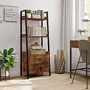 FABATO 3-Tier Ladder Shelf Bookcase with 2 Drawer Organizer Display Shelves Freestanding Bookshelf with Metal Frame for Living Room Office Kitchen Rustic Brown
