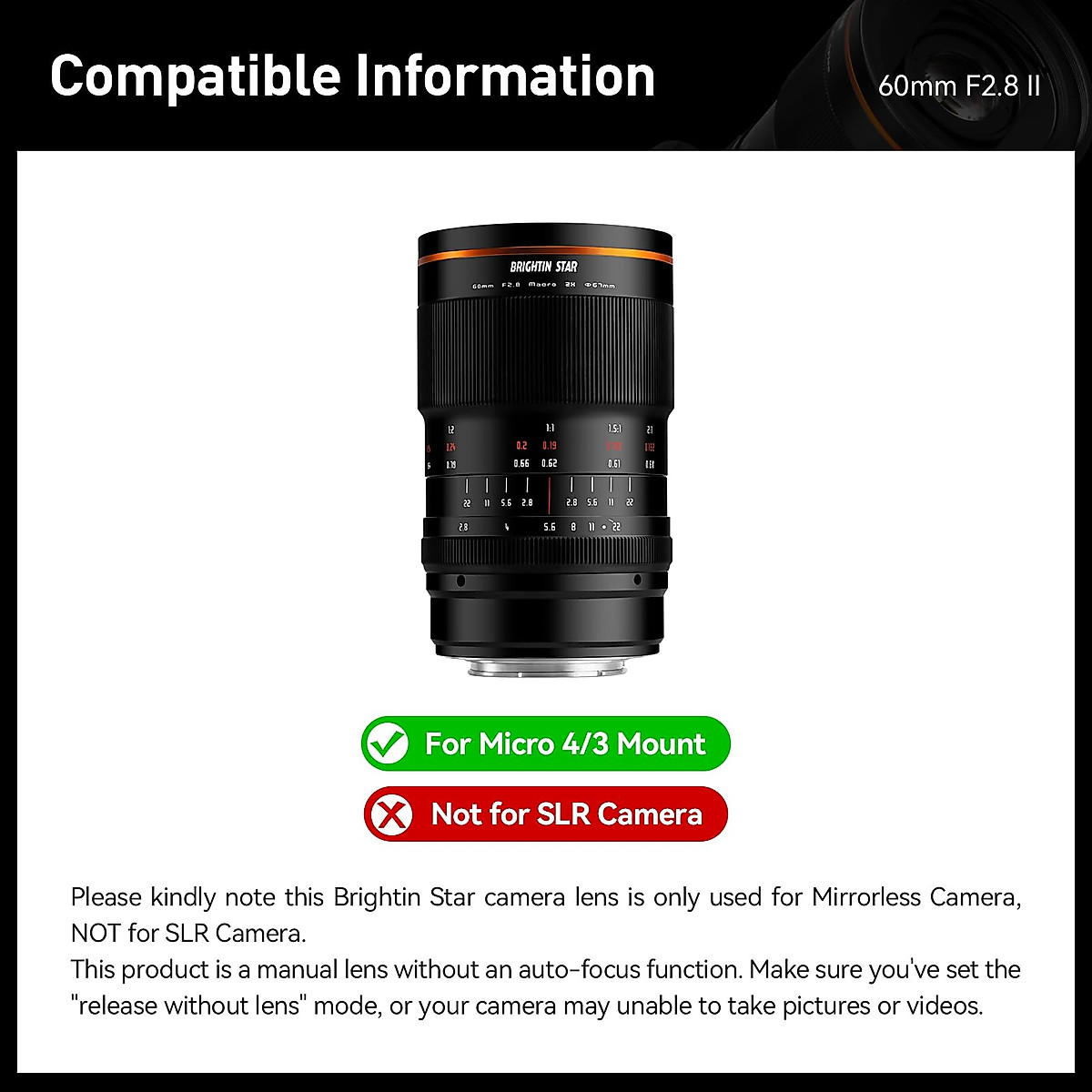 Brightin Star 60mm F2.8 2X Macro Magnification Manual Focus Mirrorless Camera Lens, Fit for Panasonic LUMIX Olympus Micro4/3 G7, G85, GX9, G7KS, EPM1/2, EM1, E-P1/P2/P3/P5, PL 1/2/3/5/6, G2/3/5/6