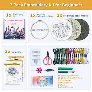 ETSPIL 3 Pack Beginner Embroidery Kits for Adults, DIY Starter Set with Stamped Flower Designs, Embroidery Hoop, Colorful Threads, Tools, Step-by-Step Instructions & Video Tutorial