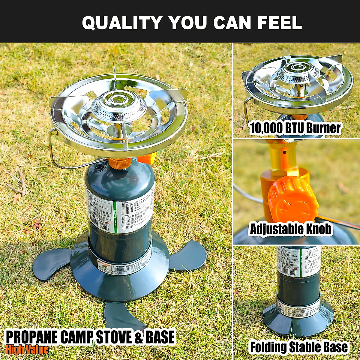RANDDER Propane Stove Portable Camping Gas Stove 10,000 BTU Bottletop Single Adjustable Burner with 1 lb Tank Base Carrying Case Great for Backpacking Emergencies Outdoor