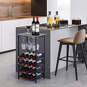 Wine Bottle Holder, Wine Rack Freestanding Floor with Glass Holder Rack, Wood Tabletop & 16 Bottles Holder, Wine Liquor Cabinet Bar for Home Kitchen, Dining Living Room, Gray Oak
