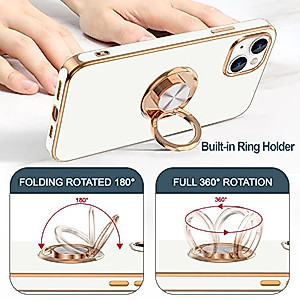 Hython Case for iPhone 14 Case with Ring Stand [360° Rotatable Ring Holder Magnetic Kickstand] [Support Car Mount] Plated Gold Edge Slim Soft TPU Luxury Shockproof Protective Phone Case Cover, White
