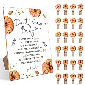 Baby Shower Sign, Don't Say Baby Baby Shower Game, for Little Pumpkin Baby Shower Decorations, Neutral Baby Shower Decor, Mini Clothespins for Baby Shower, 1 Wooden Sign & 50 Mini Clothespins Set-5