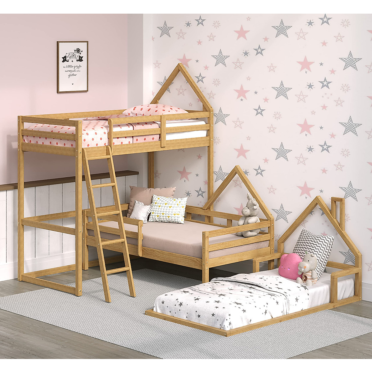 P'Kolino Casita Loft/Bunk Bed, Single Bed, Floor Bed Bundle - Solid FSC Certified Wood - Natural Wood