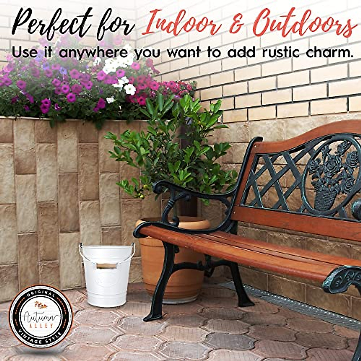 Autumn Alley Farmhouse Bathroom Trash Can - White Trash Can Bucket with Wooden Handle for Rustic Bathroom, Farmhouse Kitchen, Country Home Décor, 7 Liter, White