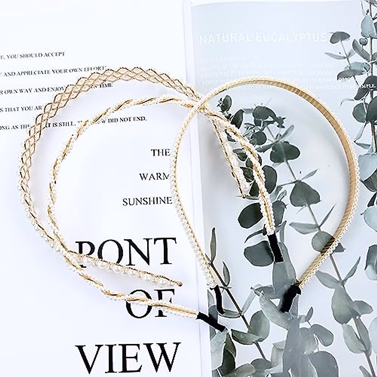 Cinaci 8 Pieces Decorative Gold Wedding Birthday Party Prom Artificial Pearl Headbands Bling Beaded Hair Tiaras Hoops Headpieces Accessories for Women Girls Teens Kids