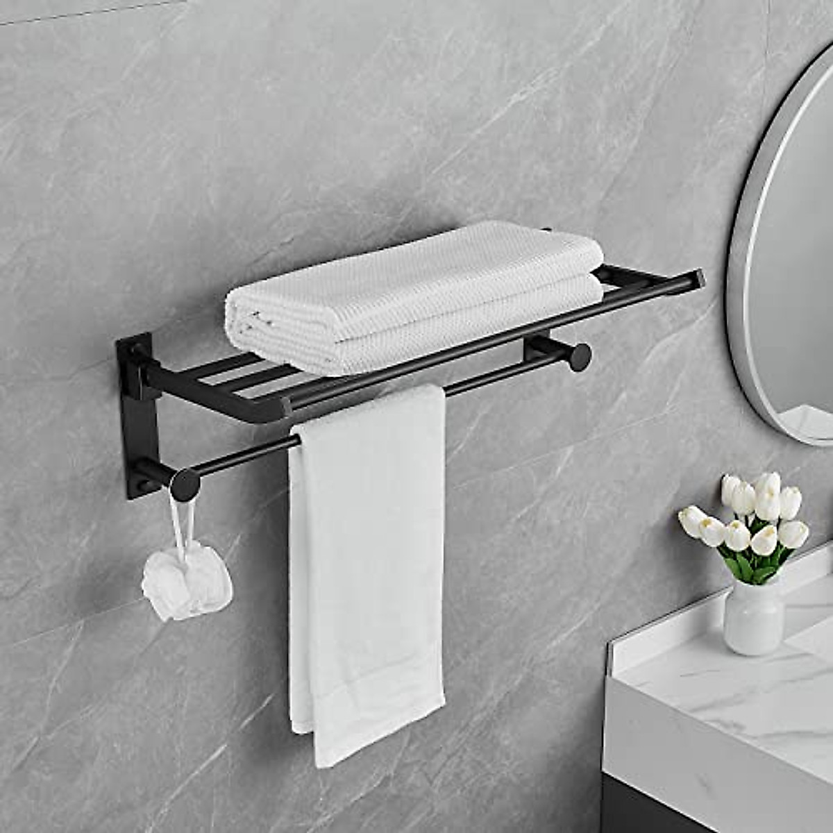 JunSun Foldable Towel Rack with Towel Bar 24-Inch Stainless Steel Multifunctional Bathroom Towel Shelf Towel Holder Modern Towel Hanger Bathroom Accessories Storage Shelf Wall Mounted Matte Black