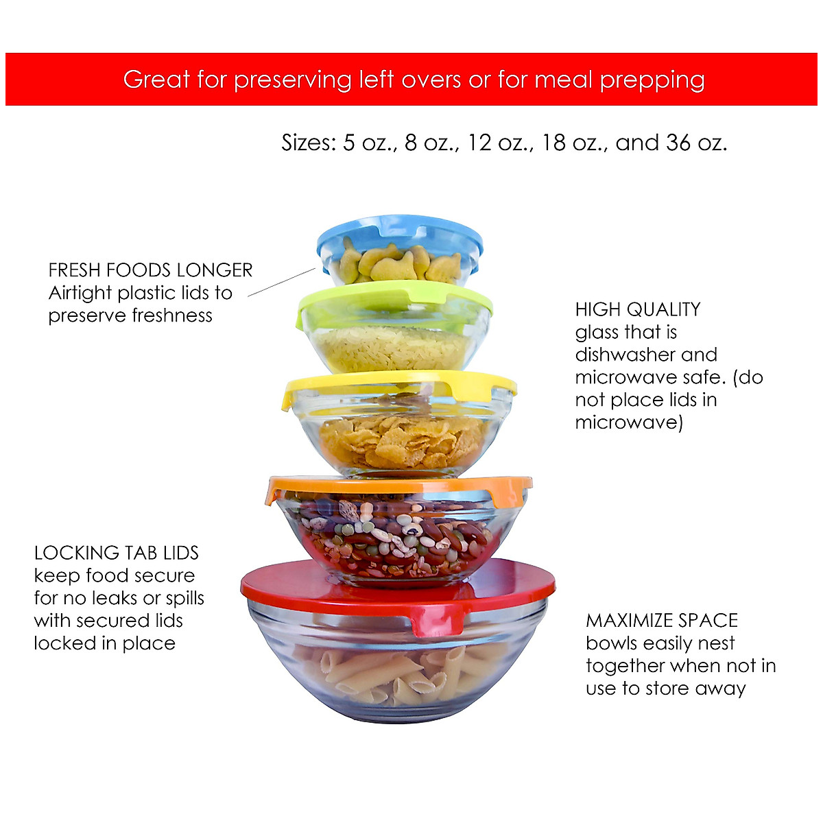 Home Basics Glass Food Storage Containers with Multi Color Plastic Lids