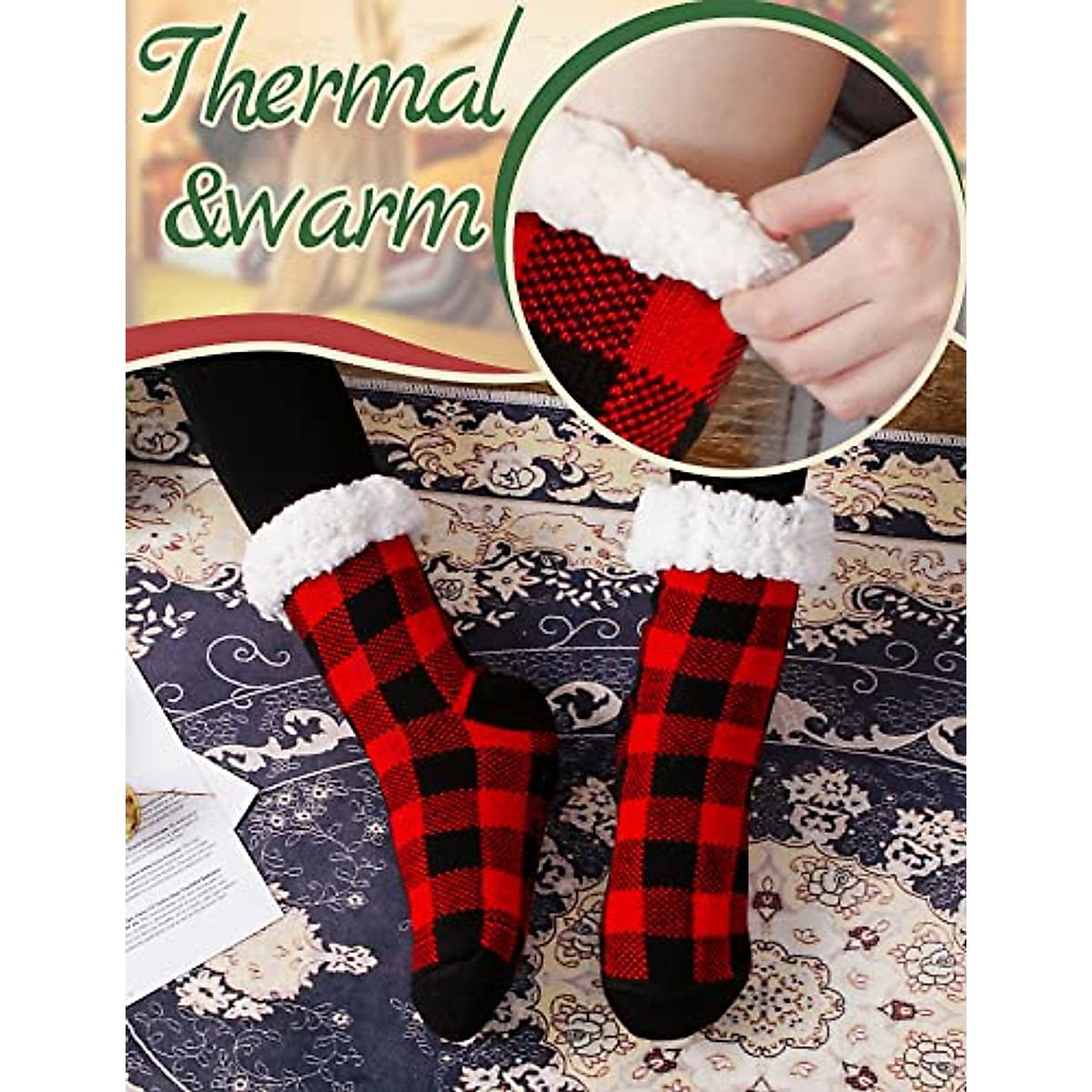 Fuzzy Socks for Women Slipper Fluffy Buffalo Plaid Cabin Cozy Winter Thick Warm Comfy Sherpa Fleece Sleep Plush Home Grips Socks Christmas White Elephant Gift Stocking Stuffer for Wife Her Teenage-Red