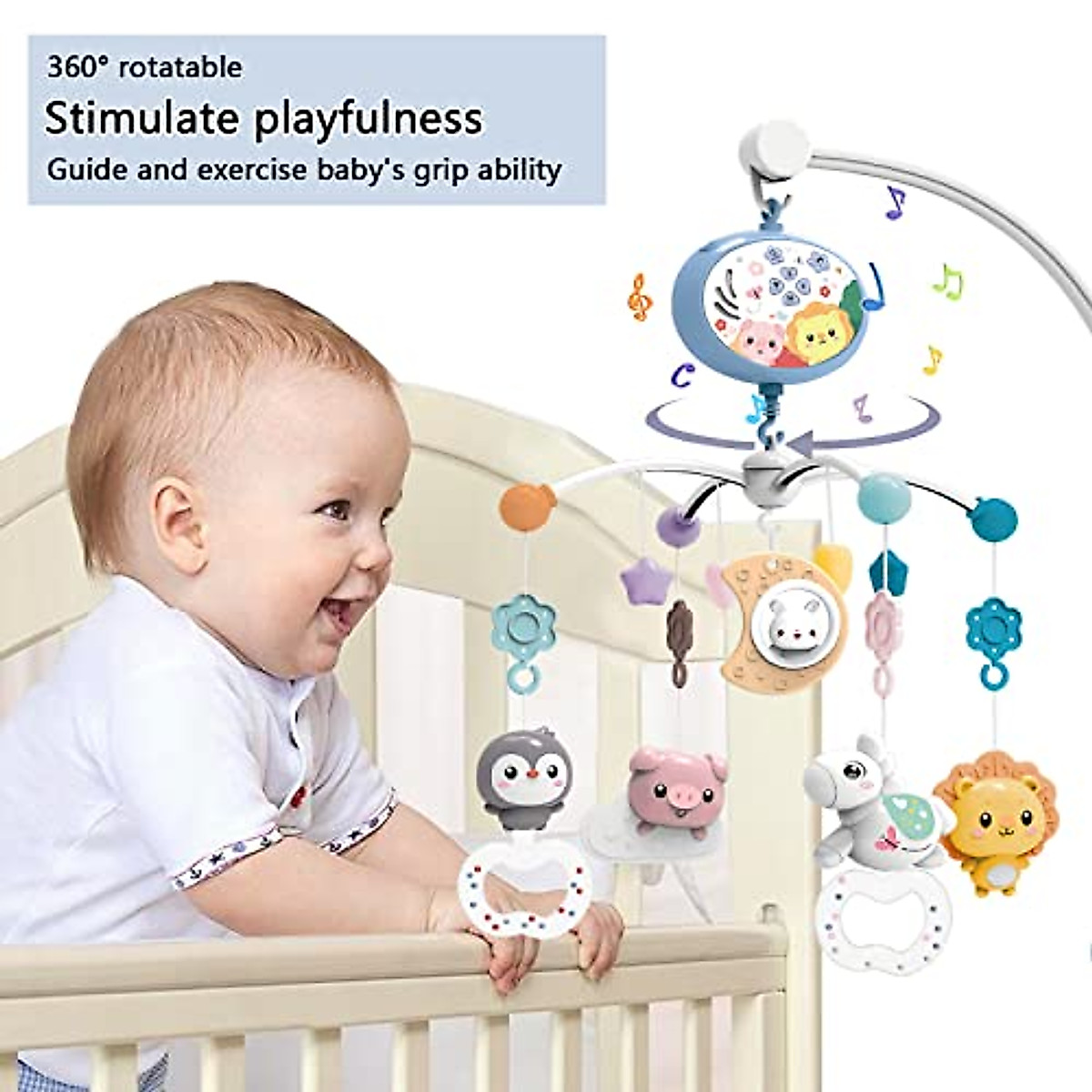 Remote Control Crib Toy,with Remote Starry Sky Projector and Crib Hanging Toy, Can Be Rotated 360°,Timed,Musical,Baby Cradle Mobile Toy, Suitable for Newborn Baby Gifts (Blue + Charging Models)