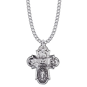 TrueFaithJewelry Sterling Silver 5 Way Medal Cross Medal Pendant Necklace Religious Jewelry, Antique Finish 1 1/4 Inch