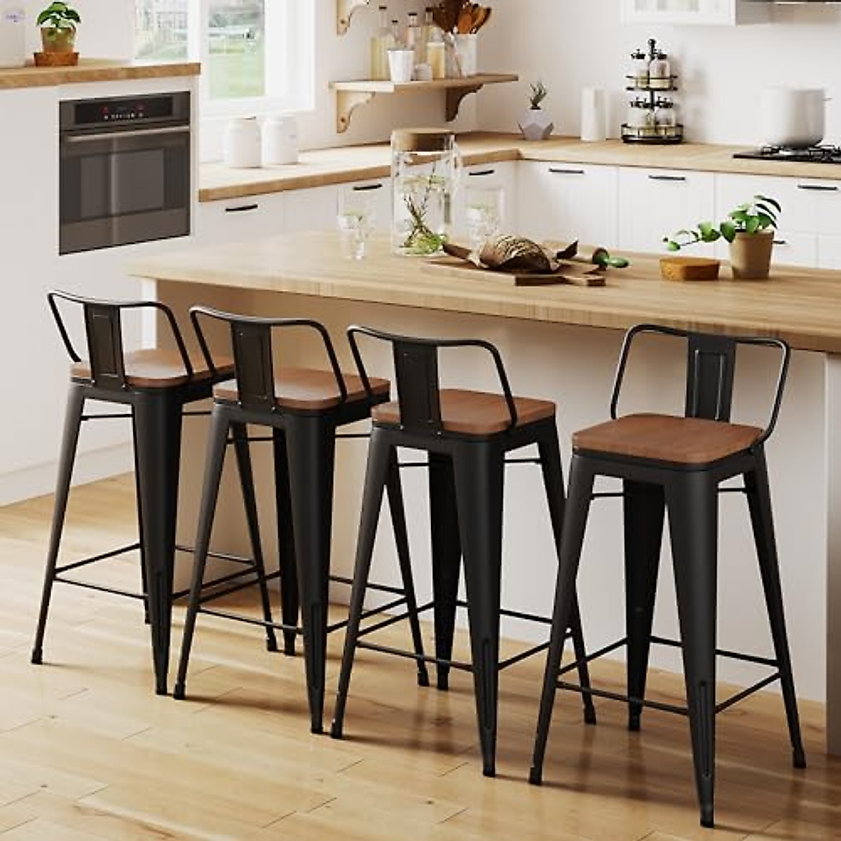 HAOBO Home 30" Low Back Barstools Metal Stool with Wooden Seat [Set of 4] Counter Height Bar Stools, Matte Black