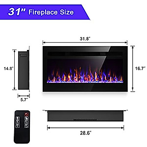 31 inch Electric Fireplace, Recessed and Wall Mounted Fireplace, Electric Fireplace Inserts with 750W/1500W Heater, Remote Control Timer, Adjustable 144 Color Combinations