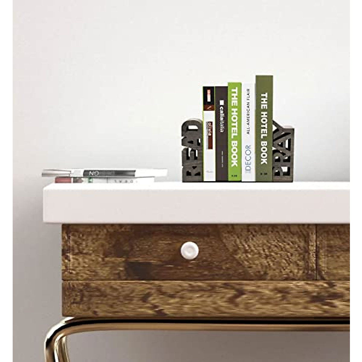 OwlGift Rustic Gray Wood Read & Pray Block Word Bookends, Unique Appearance Design, Home Office Decorative Book Stand, 1 Pair