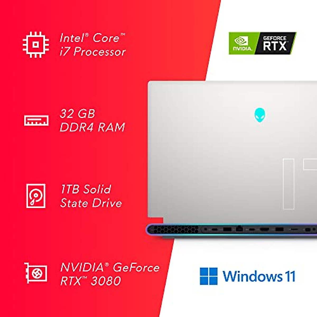 Alienware X17 R1, 17.3 inch FHD 360Hz Non-Touch Gaming Laptop - Intel Core i7-11800H, 32GB DDR4 RAM, 1TB SSD, NVIDIA GeForce RTX 3080 16GB GDDR6, Windows 11 Home - Lunar Light
