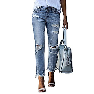 Sidefeel Women Distressed Raw Hem Washed Jeans Ripped Slim Fit Denim Pants Medium Sky Blue